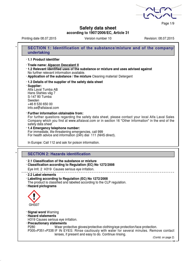 Alpacon Descalant II GB Vers10 | PDF | Toxicity | Dangerous Goods