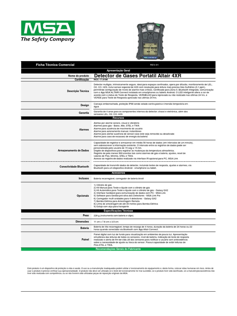 Ficha Tecnica - Detector Altair 4XR - 4 Gases | PDF | Android (sistema ...