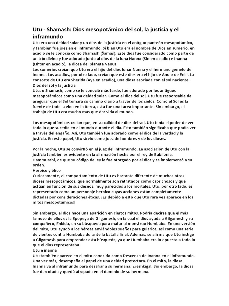 Utu - Shamash: Dios Mesopotámico Del Sol, La Justicia y El Inframundo | PDF