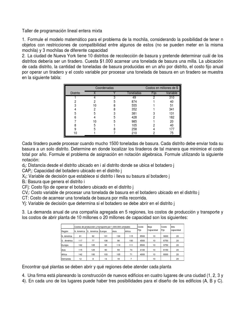 Taller de Programación Lineal Entera Mixta | PDF | Matemáticas ...