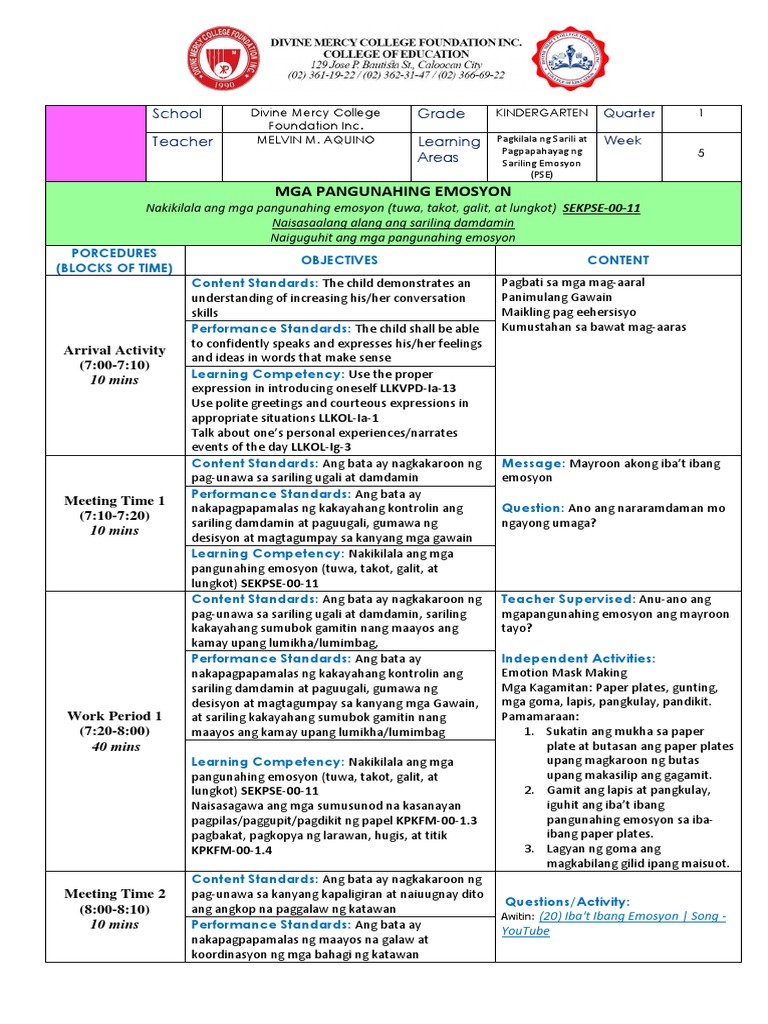 Sample Lesson Plan For Arts Kinder | PDF