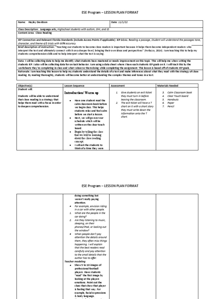 Close Reading Lesson Plan for ESE Students | PDF | Lesson Plan ...