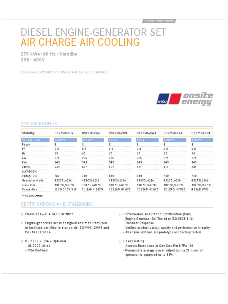 ENGINE DATA SHEET 275 KW 6R1600G70S | PDF | Engines | Electrical Engineering