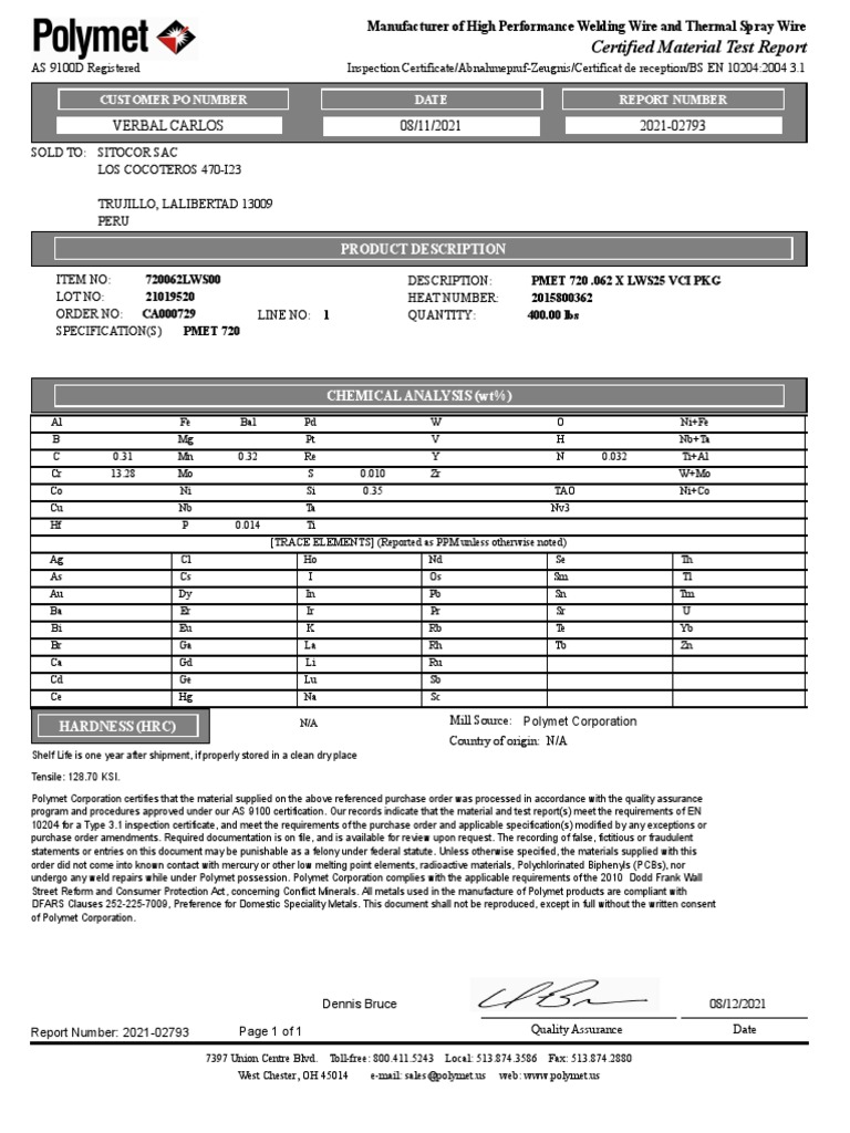 High Performance Welding Wire Test Report | PDF | Chemistry | Metallic ...