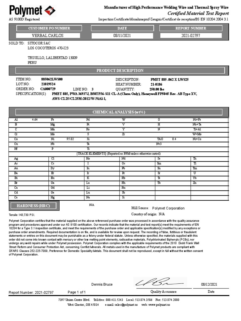 Cert Report2021-02797 | PDF | Physical Sciences | Metallic Elements