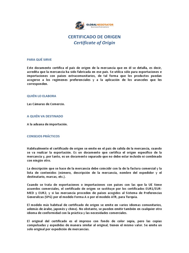 Certificado de Origen | PDF | aduana | Arancel