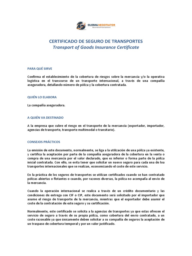 Certificado Seguro de Transportes | PDF | Seguro | Economias