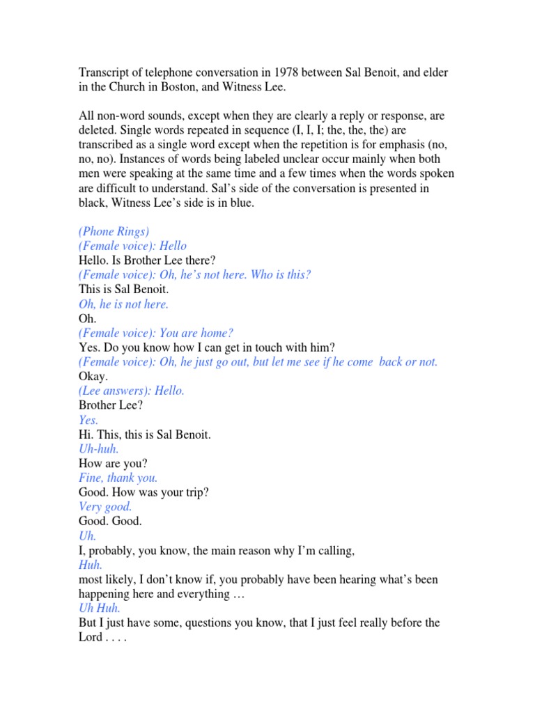 Transcript SalBenoitAndWitnessLee PhoneCall | PDF