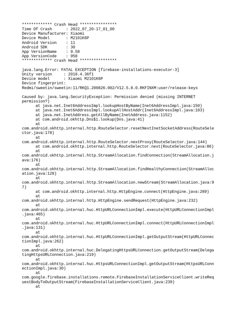 Xiaomi Crash Report: INTERNET Permission Error | PDF | Java (Programming Language) | Computing