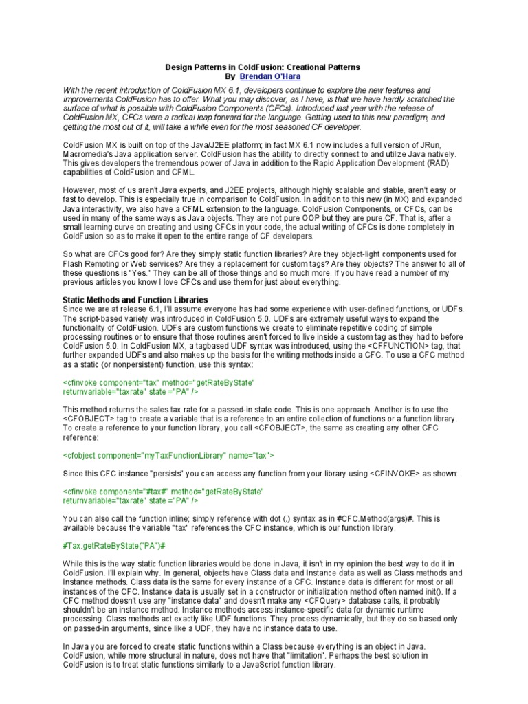 ColdFusion Creational Design Patterns | PDF | Method (Computer Programming) | Class (Computer ...