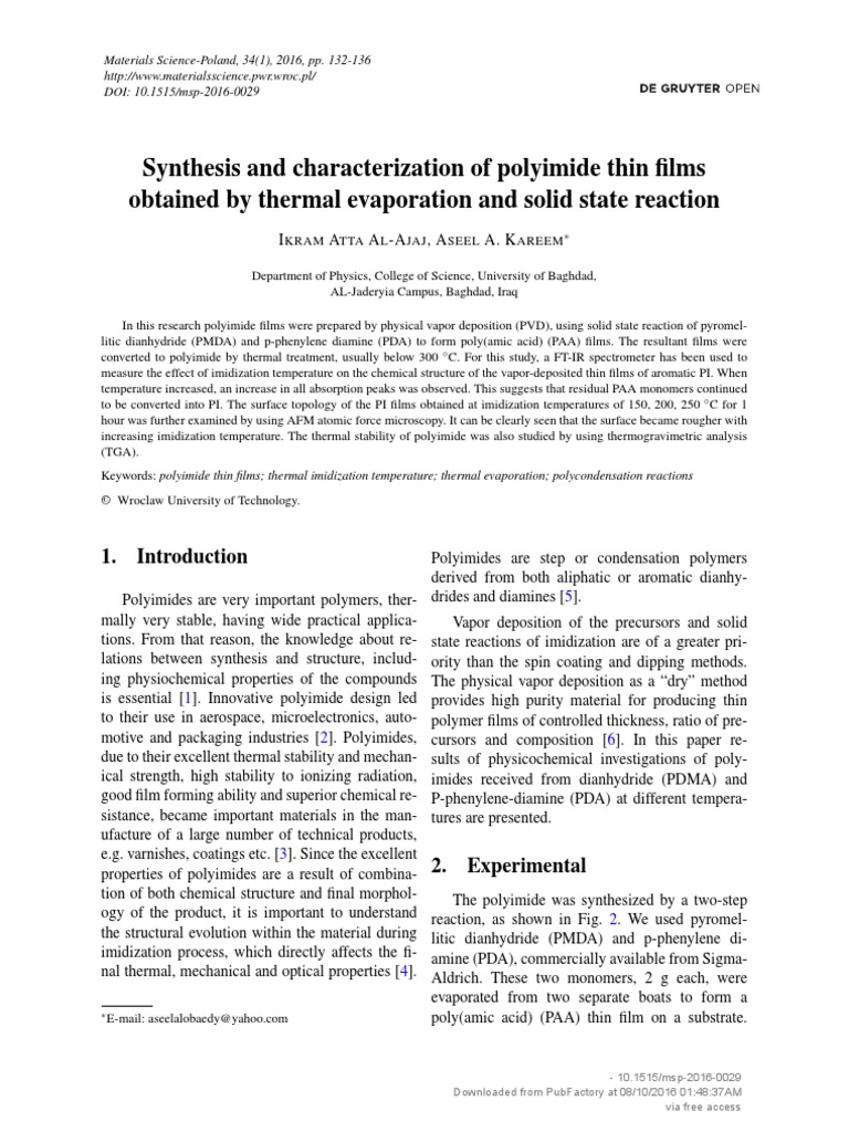 Synthesis and Characterization of Polyimide Thin F | PDF | Thin Film | Atomic Force Microscopy