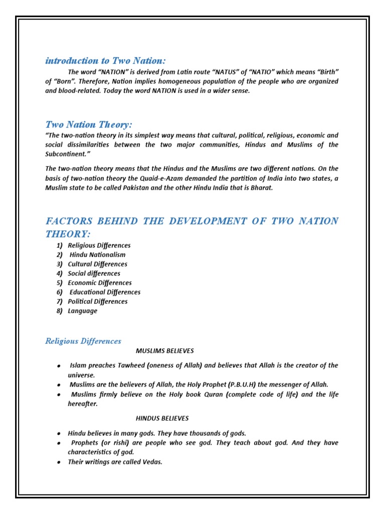 Factors Behind the Development of the Two Nation Theory: Religious ...