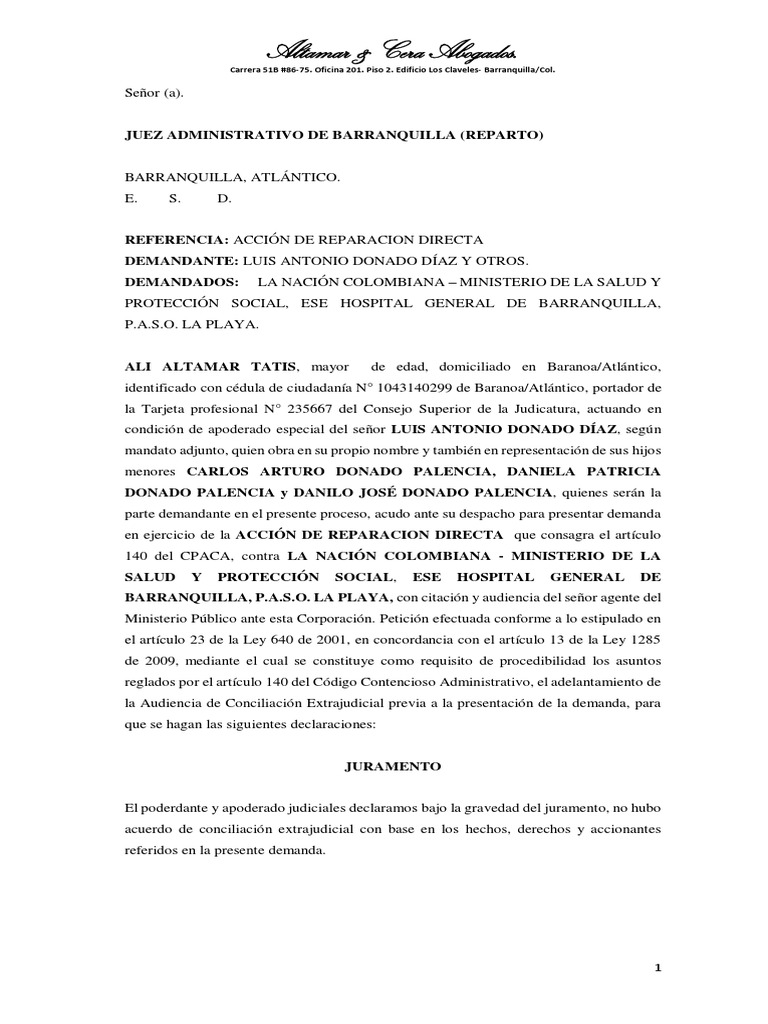 Demanda - Reparación Directa | PDF | Parentesco | Daños y perjuicios