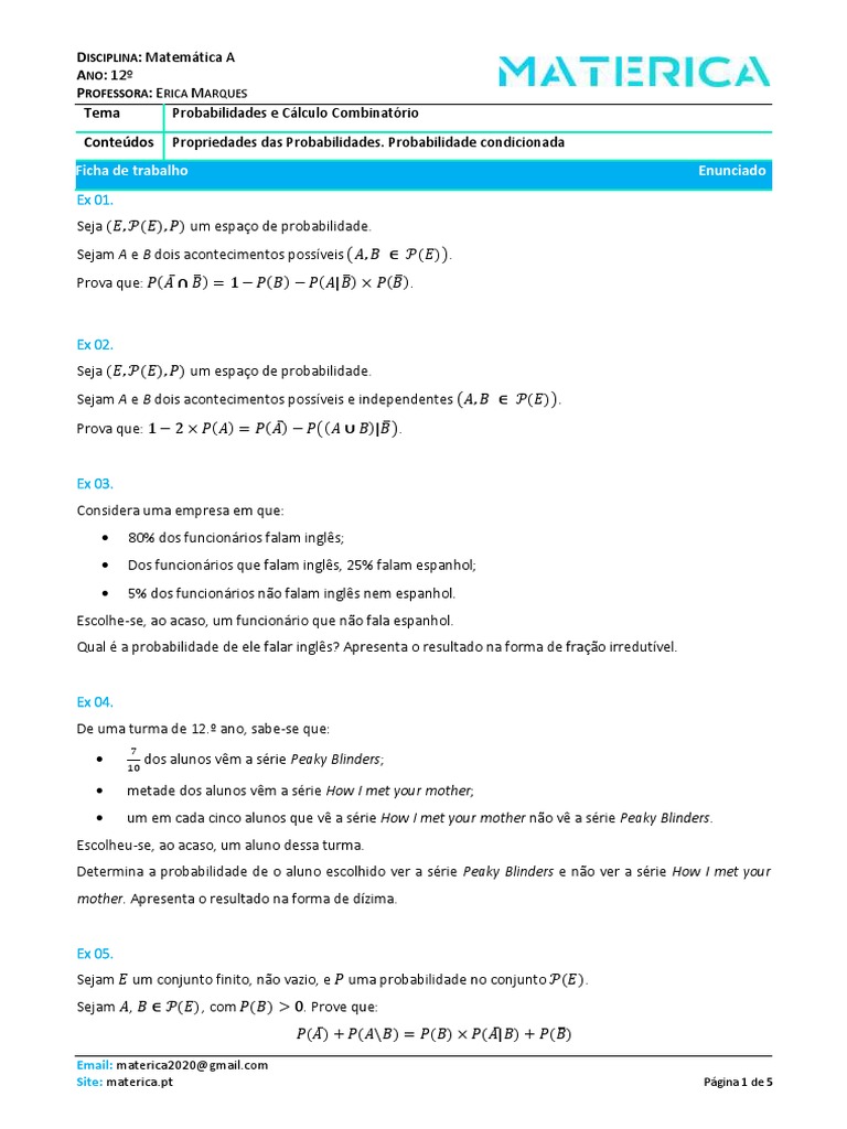Ficha 13 Propriedades Das Probabilidades 12 | Download grátis PDF | Probabilidade | Matemática