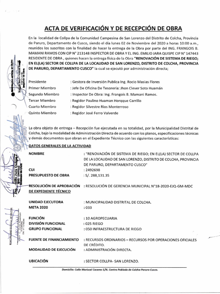 Acta de Verificacion y Recepcion de Obra | PDF