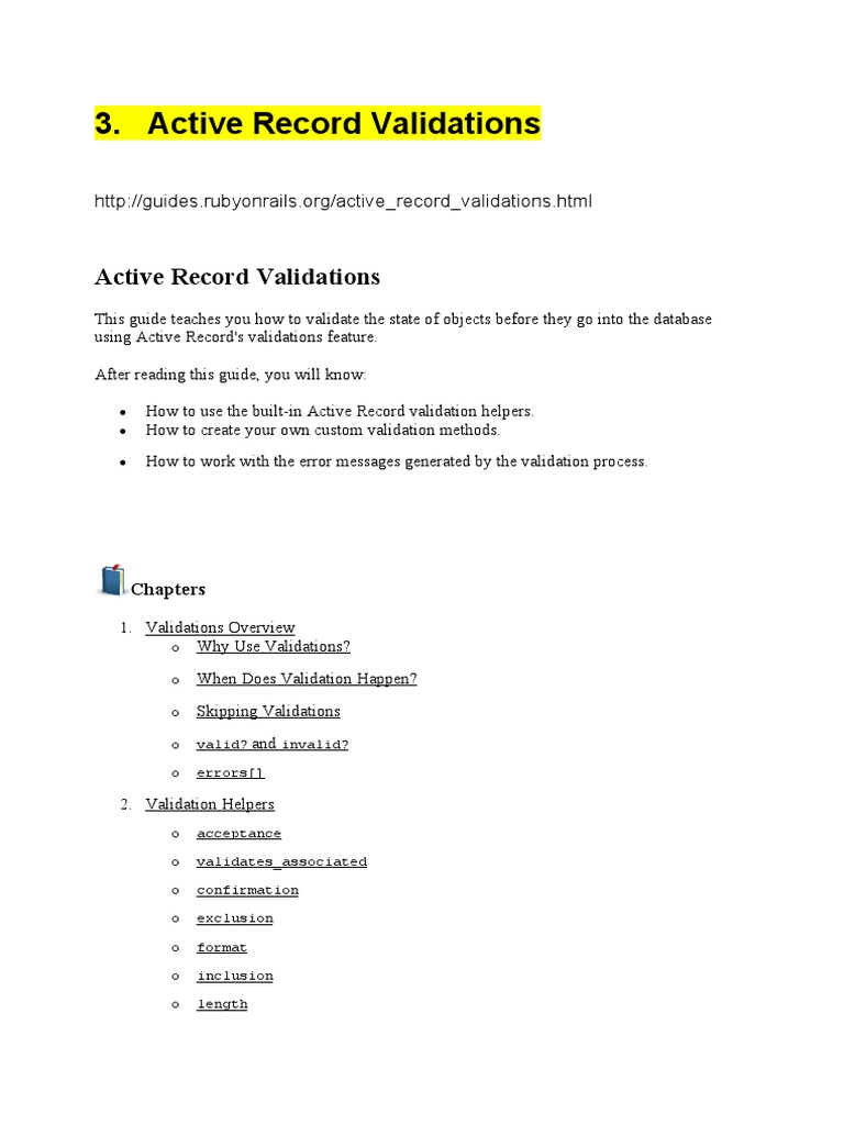 Active Record 3 Validations | PDF | Databases | Class (Computer ... Active Record 3 Validations | PDF | Databases | Class (Computer ...