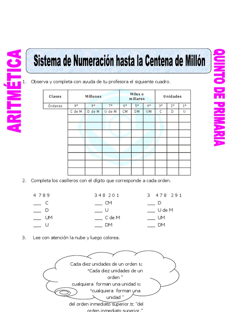 Sistema de Numeracion Hasta La Centena de Millon para Quinto de ...