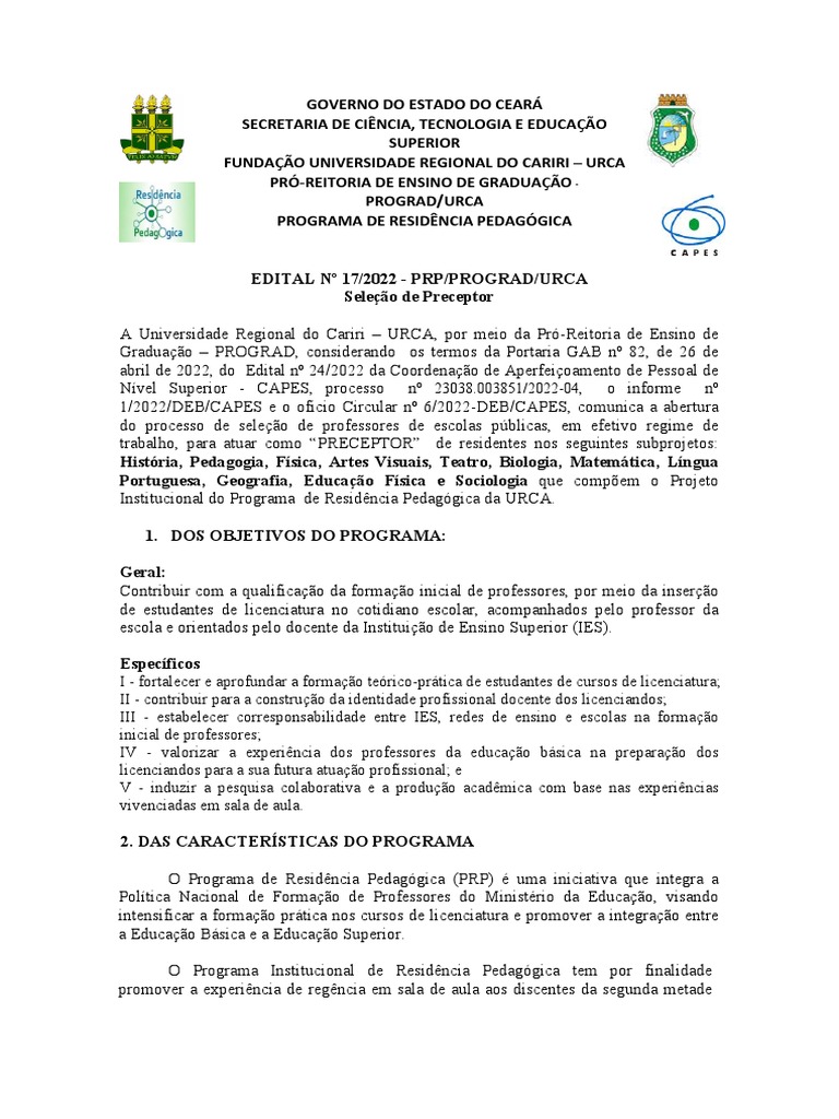 Edital PRP Urca Preceptor 17 2022 | PDF | Pedagogia | Ensino Superior