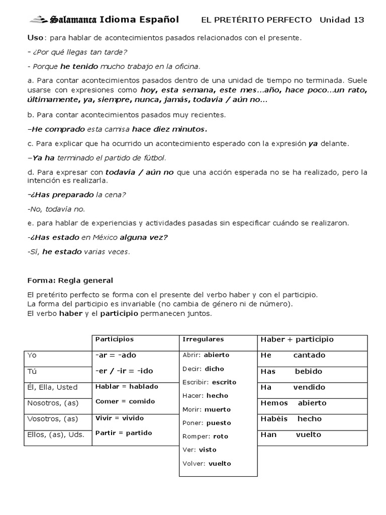 Uso y formación del pretérito perfecto | PDF