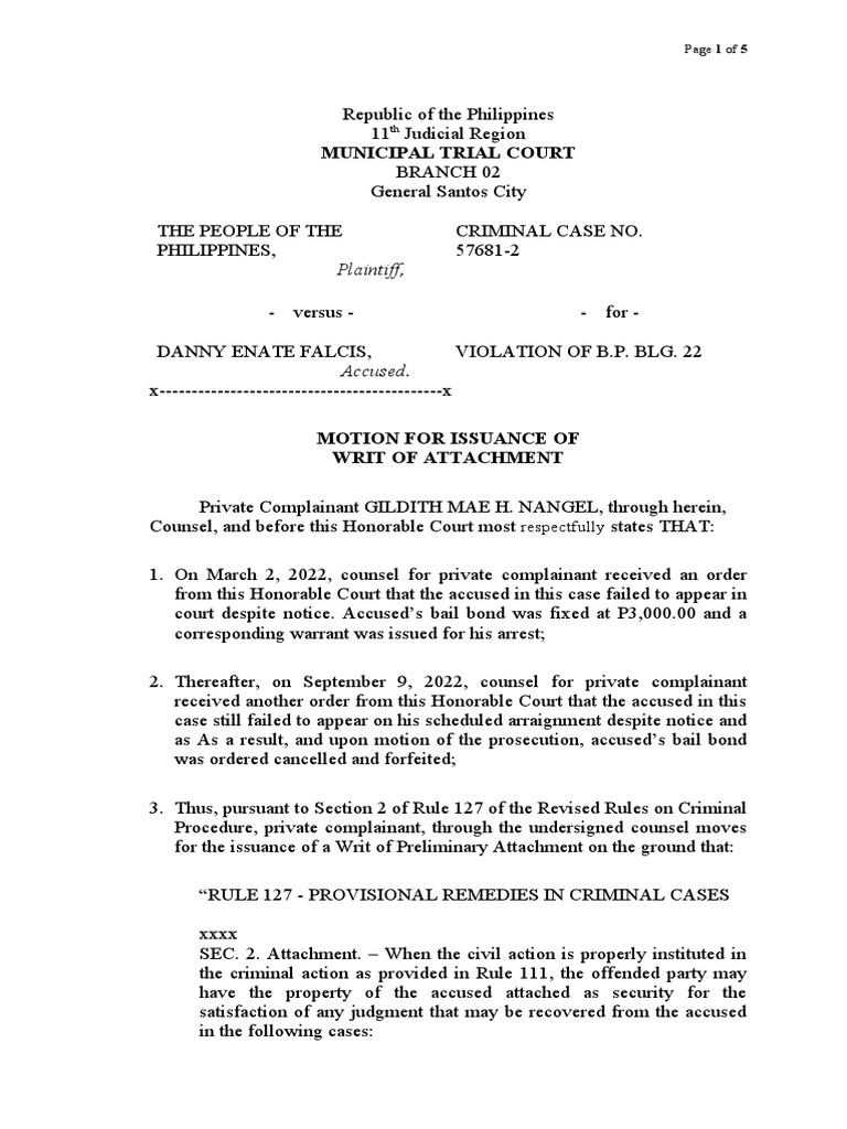 Motion For Issuance of Prelim Attachment With Affidavit of Service ...