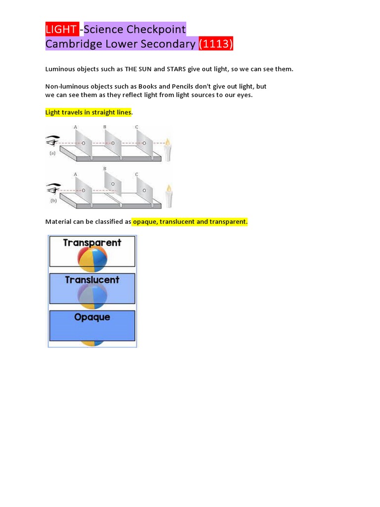Light NOTES-physics-SCIENCE SECONDARY CHECKPOINT | PDF