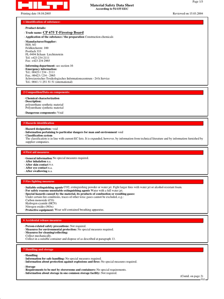 CP 675 T-Firestop Board MSDS | PDF | Dangerous Goods | Water