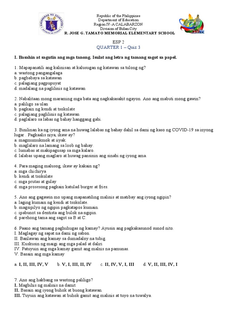 ESP Quarter 1 Weekly Test Grade 2 | PDF