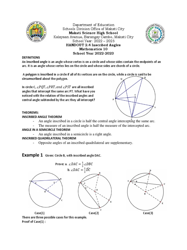 Math 10: Inscribed Angles Guide | PDF | Circle | Angle