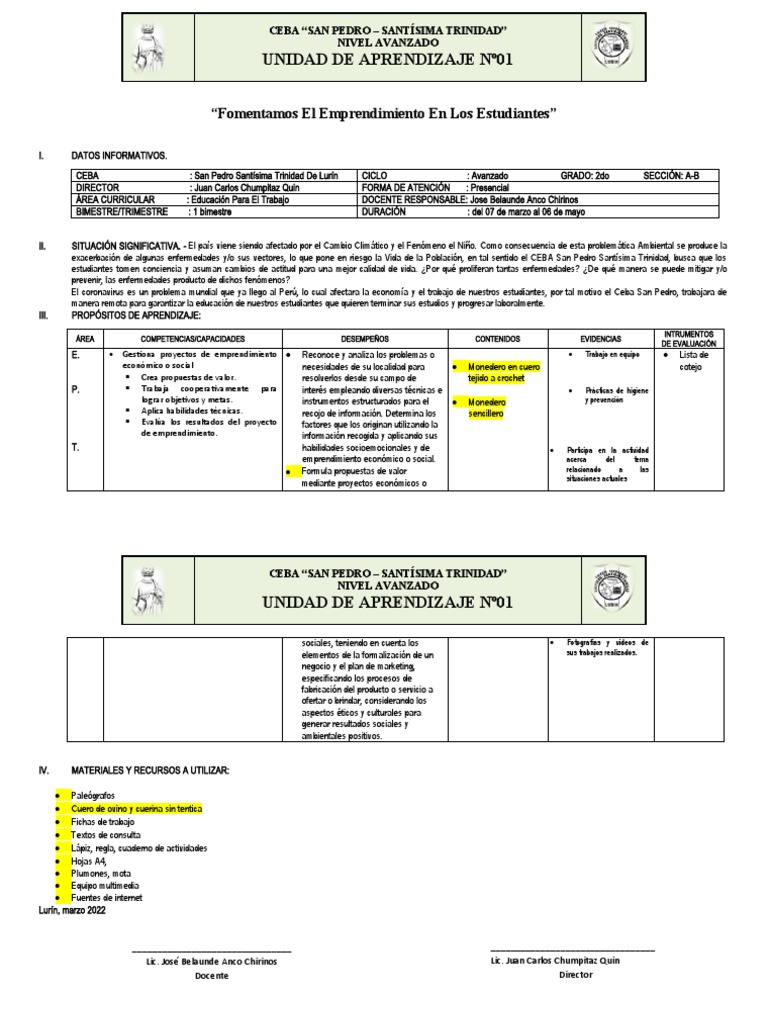 1ra Unidad de Aprendizaje Ept 2do A-B | PDF | Iniciativa empresarial | Aprendizaje
