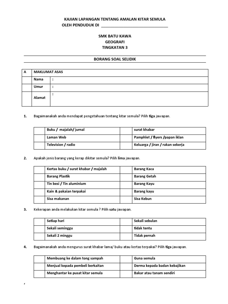 Borang Soal Selidik Amalan Kitar Semula Ting 3 | PDF