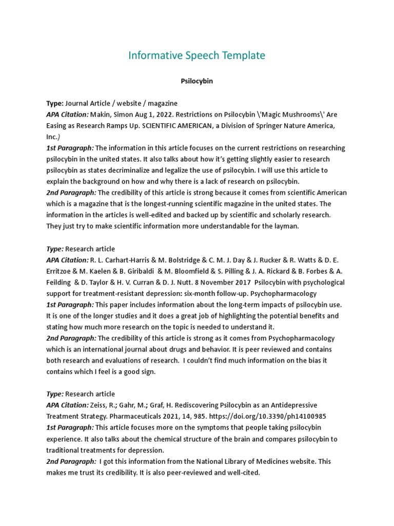 Informative Speech Template | PDF | Psilocybin | Major Depressive Disorder