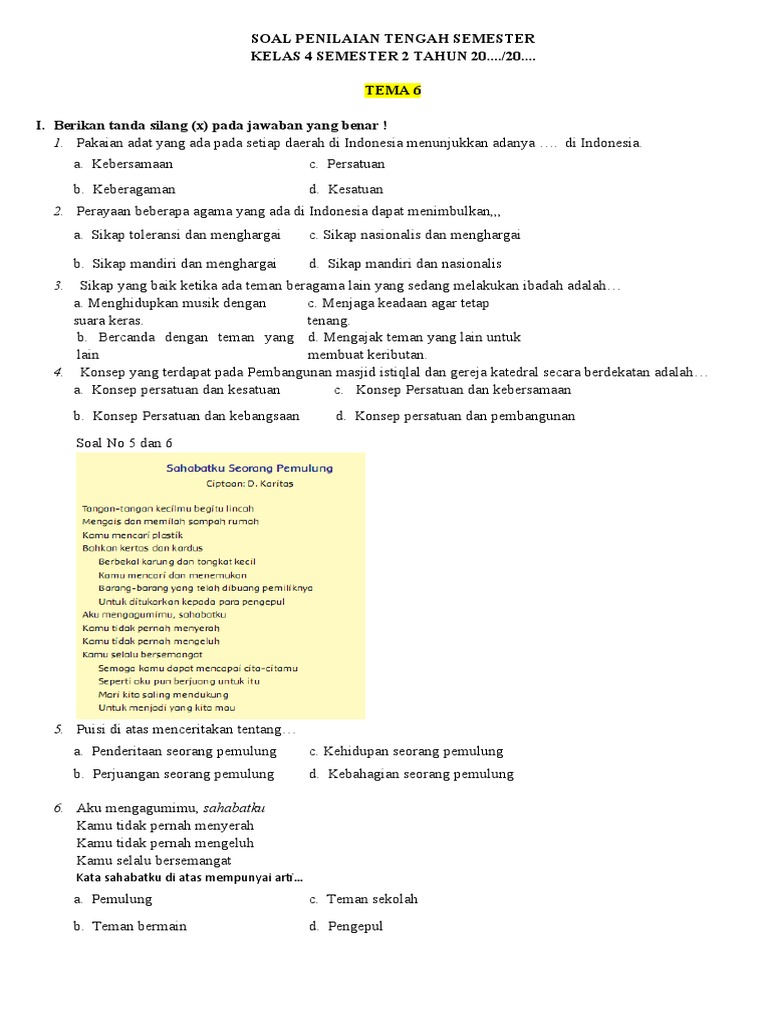 Soal PTS Kelas 4 Sem 2 Tema 6 Subtema 3 Tema 7 Subtema 1 - Kamimadrasah | PDF