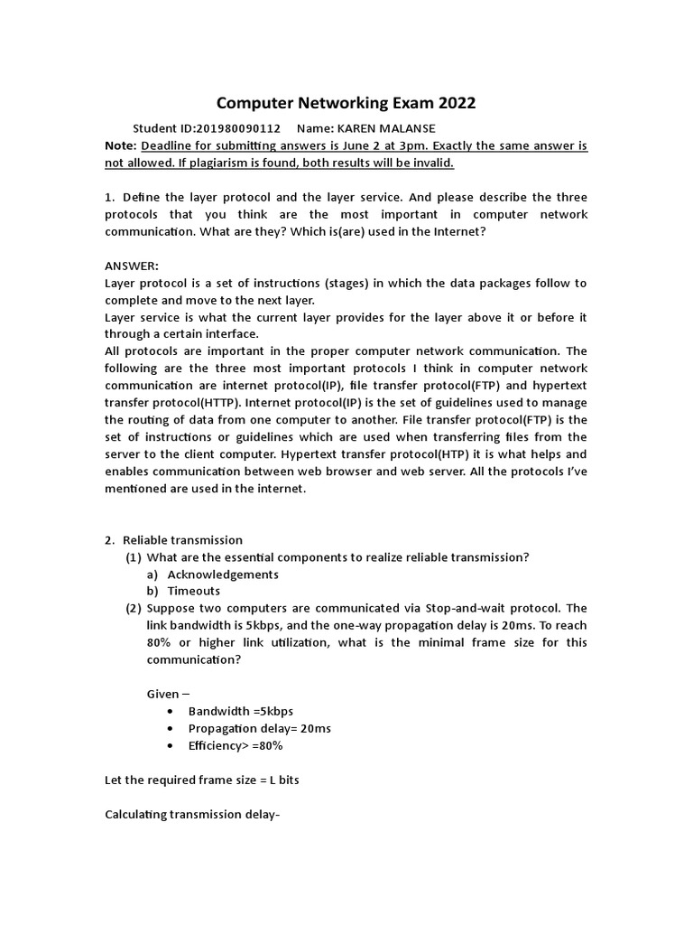 Computer Networking Course Exam Paper | PDF | Internet Protocol Suite | Computer Network