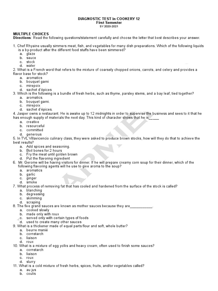 Cookery 12 Diagnostic Test | PDF | Seafood | Stock (Food)