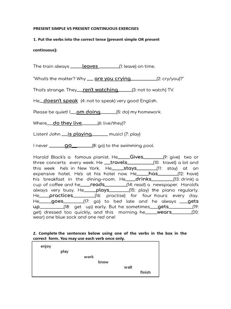 Present Simple vs. Progressive Exercises | PDF