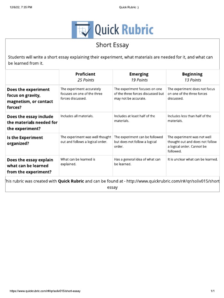 Short Essay Rubric | PDF