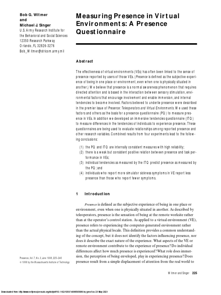 Measuring Presence in Virtual Environments | PDF | Perception | Attention