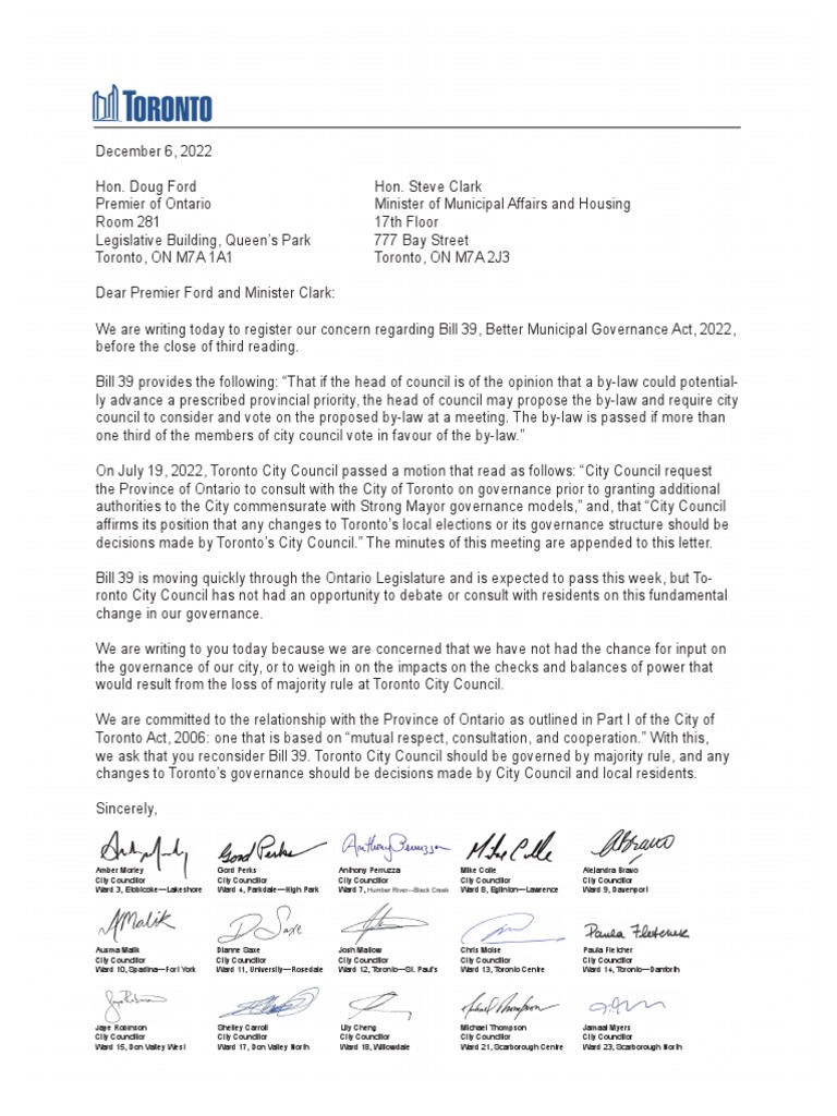 Letter Bill 39 | PDF | Toronto | Government