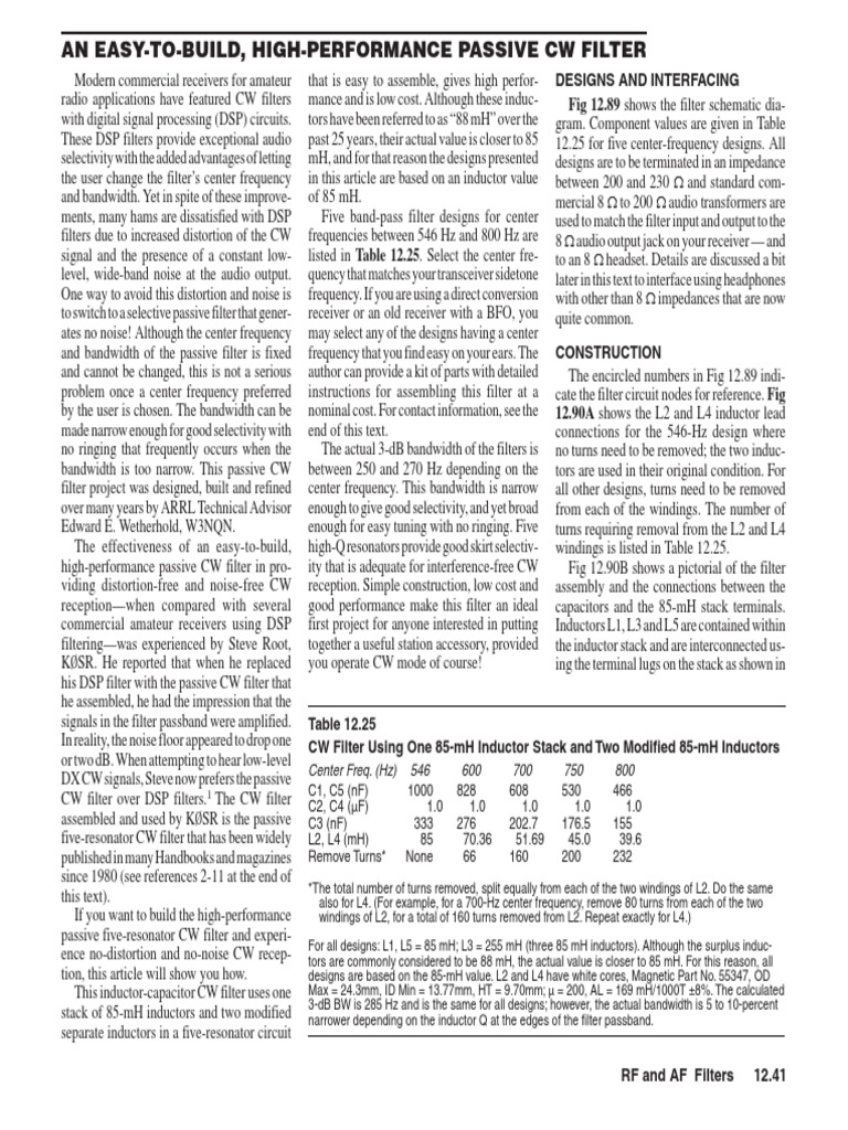 Passive CW Filter Project | PDF | Electronic Filter | Inductor