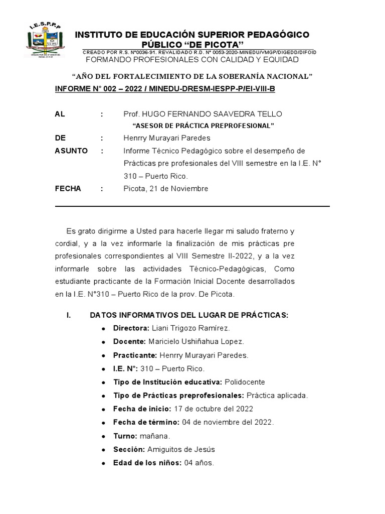Informe de Prácticas Pre-Profesionales - Viii-B Henrry | PDF | Maestros | Aprendizaje