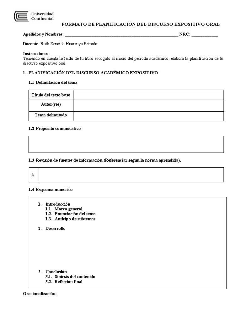 FORMATO DE PLANIFICACIÓN DEL DISCURSO EXPOSITIVO ORAL (1) | PDF