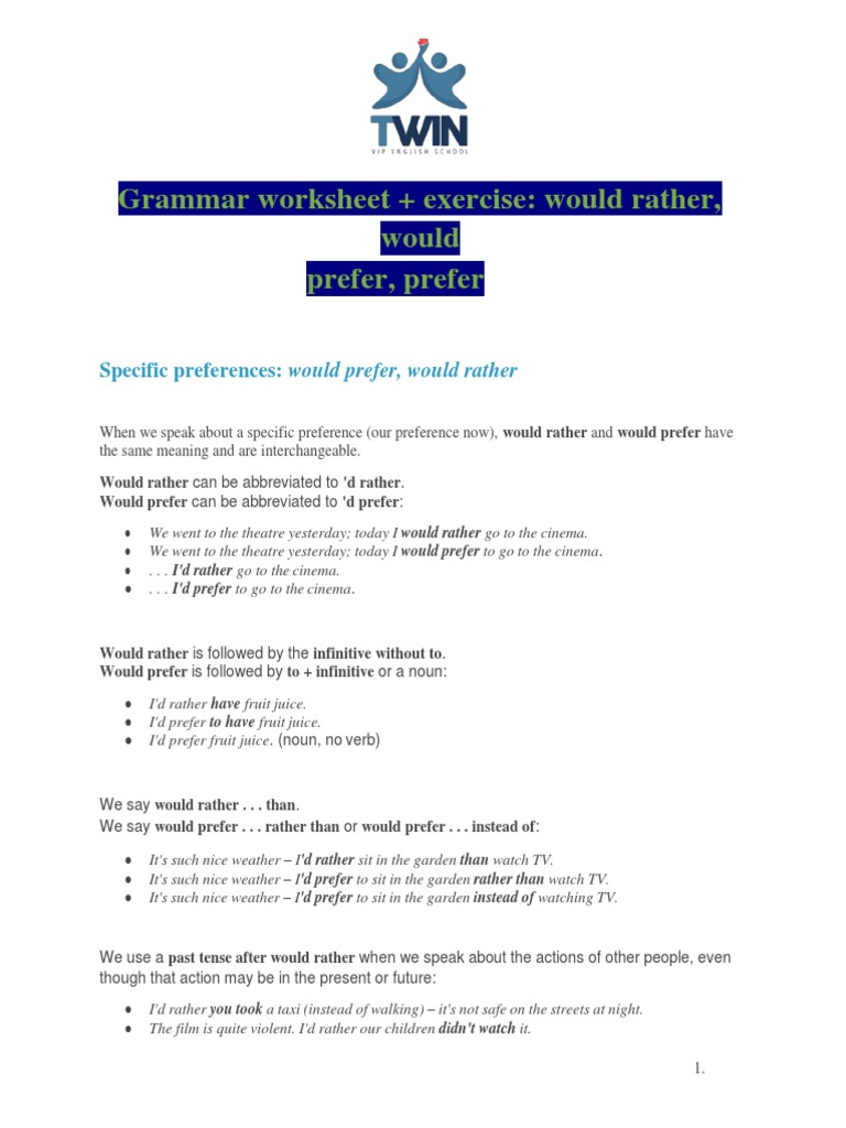 Prefer Would Rather Handout - Exercises Twin School | PDF | Grammar ...
