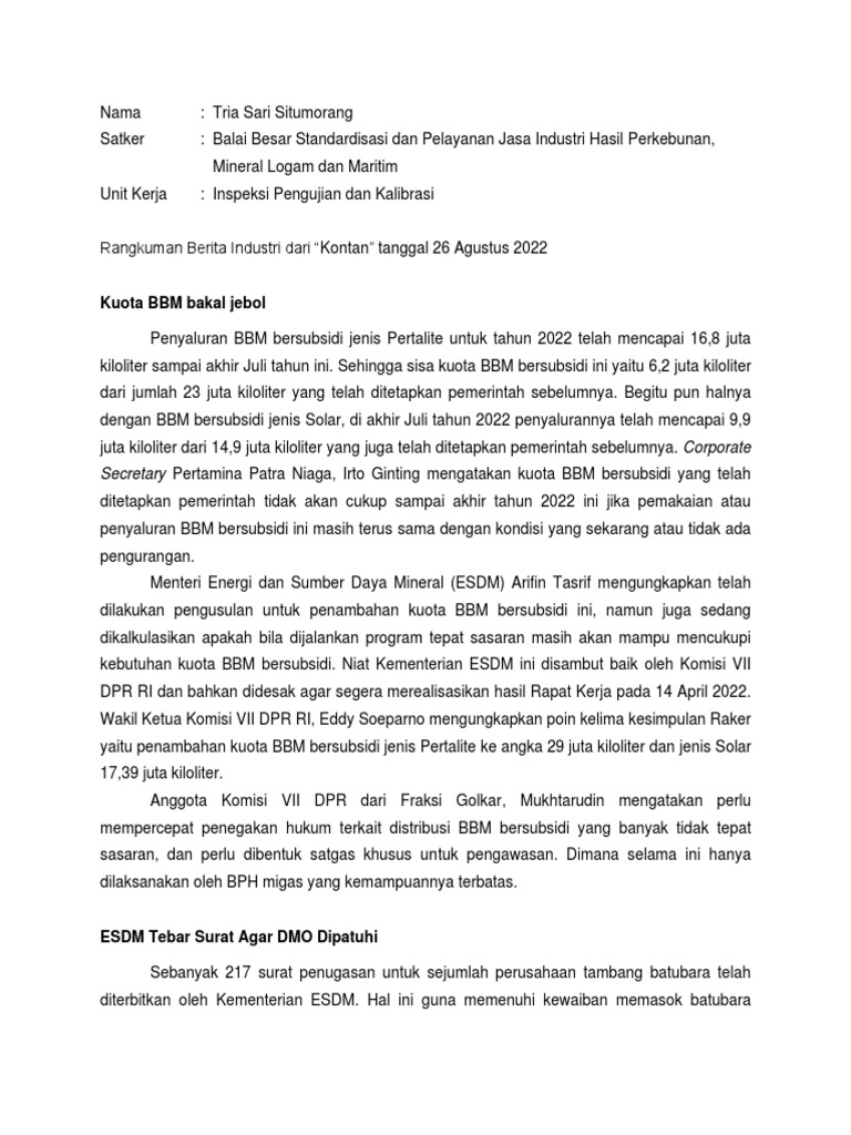 Kuota BBM Bersubsidi dan DMO 2022 | PDF