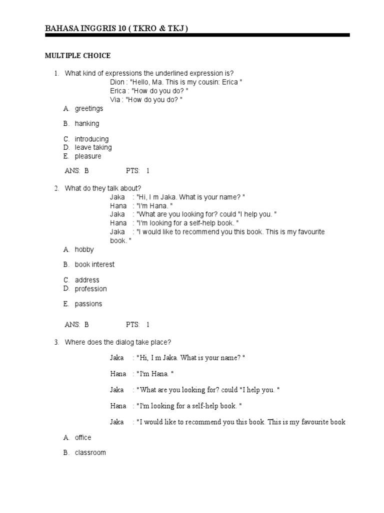 Bahasa Inggris 10 (Tkro & TKJ) : Multiple Choice | PDF