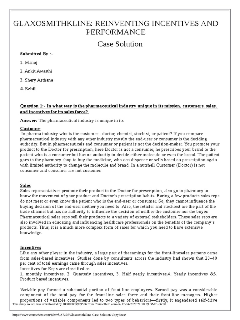 Glaxosmithkline_Case_Solution___Copy.docx | PDF | Incentive ...