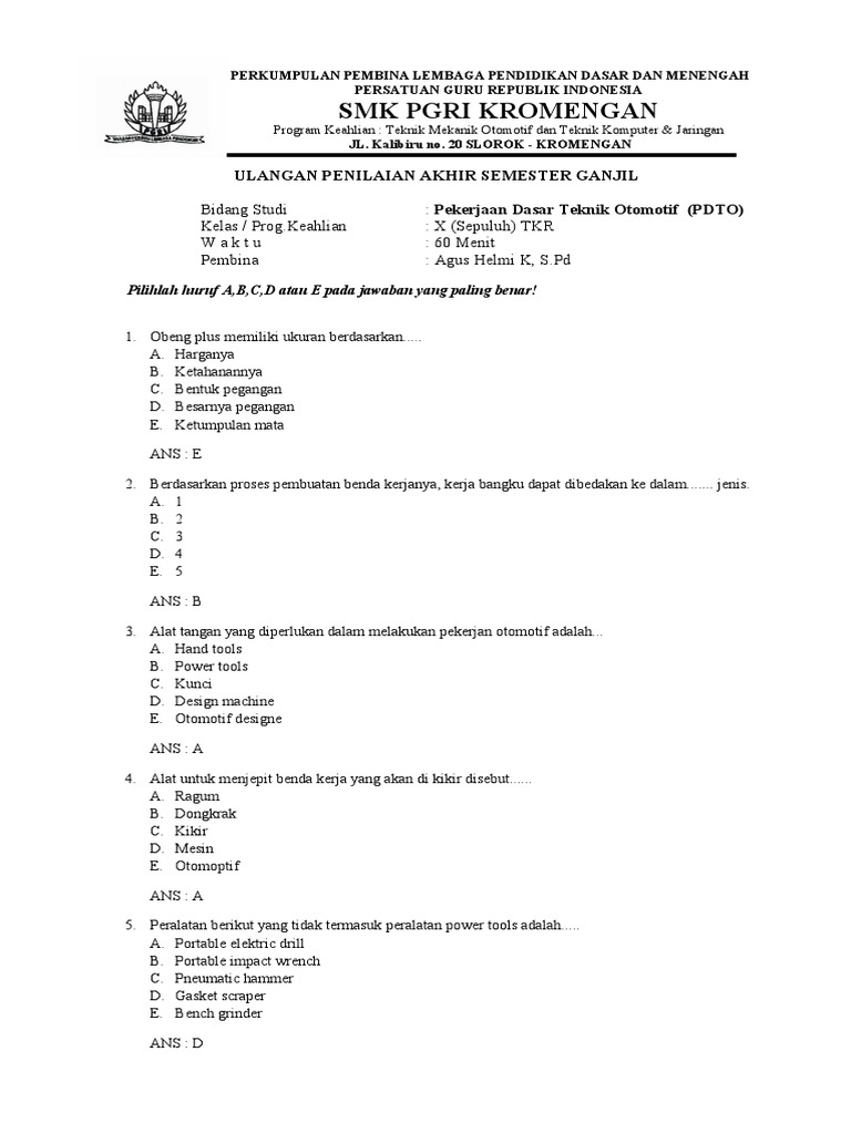 Soal Pas Pdto X Tkro 22-23 | PDF
