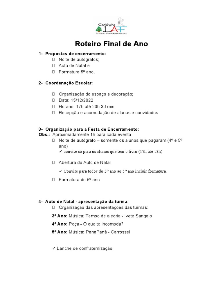 Roteiro Final de Ano - LAF | PDF | Amor | Amizade