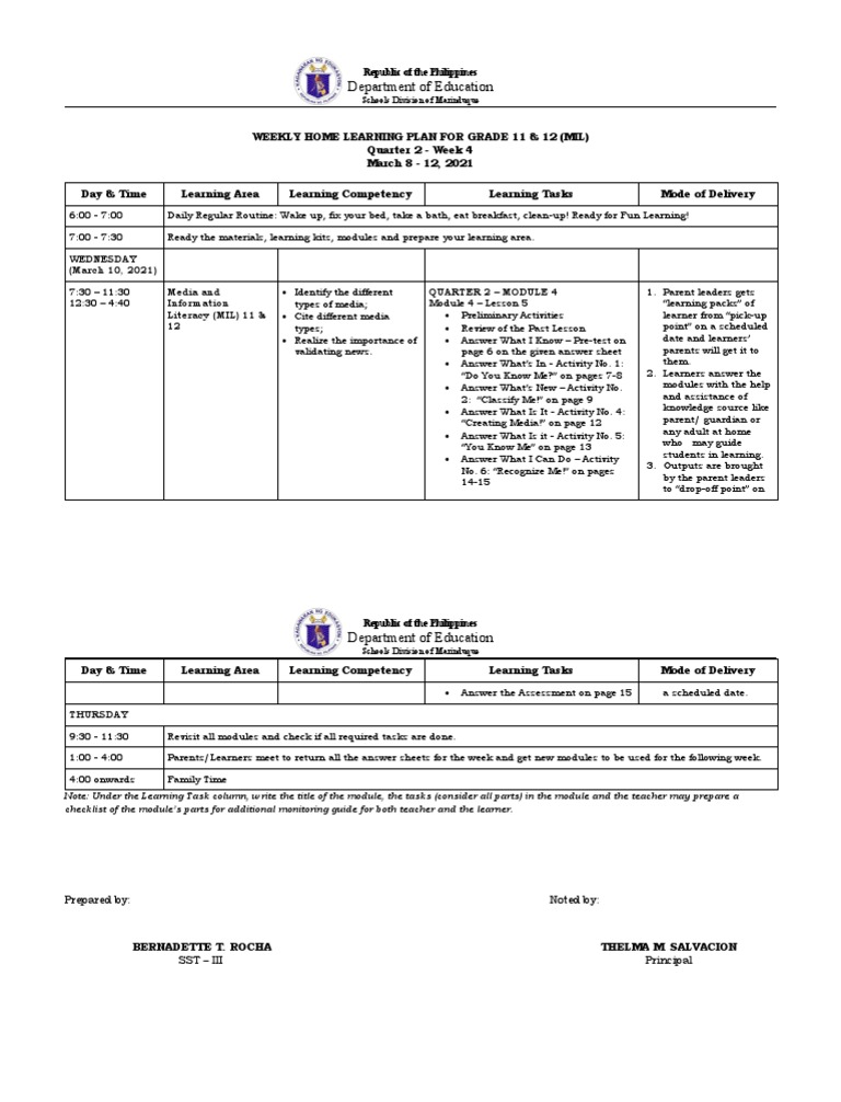 Weekly Home Learning Plan MIL | PDF | Learning | Teaching