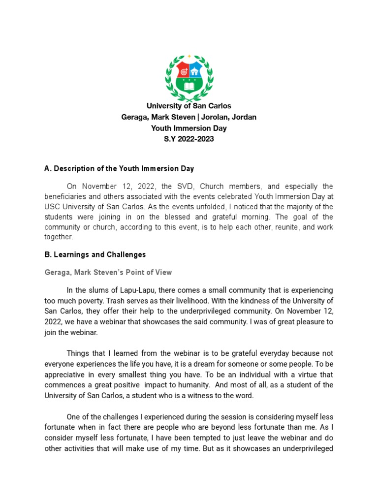 Formative Assessment - Reflection Paper On The Youth Immersion Day | PDF