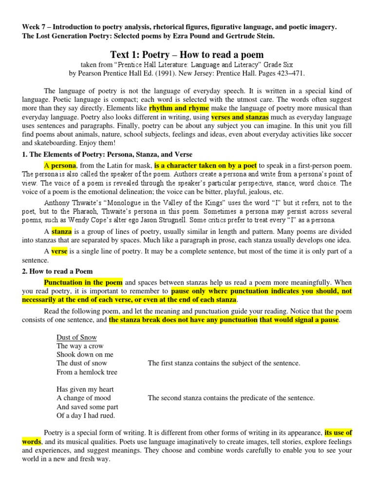 Week 7 - CTT1 - 1st Term - Introduction To Poetry Analysis - Pound and ...